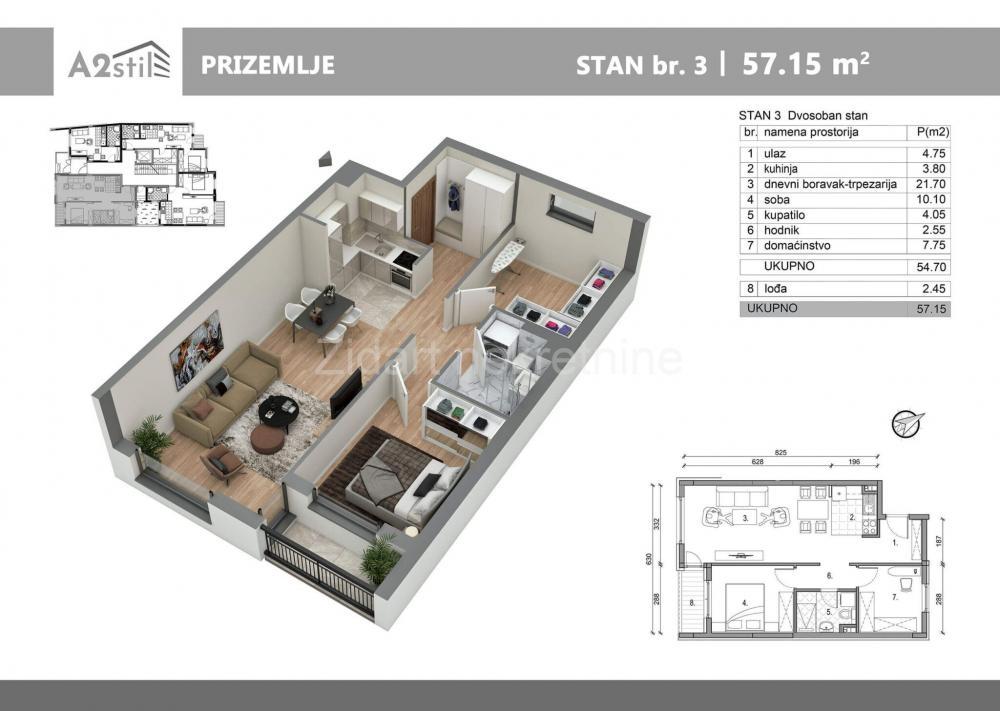 Čiče Romanijskog, Dvoiposoban stan na prodaju, 57m2, 148.590€