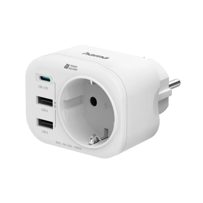 Strujni adapter 1xUSB-C, 2x USB-A 1x uzemlj. 20W PD, beli