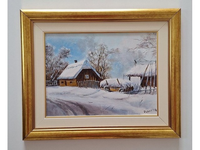 Ulje na lesonitu - Selo zavejano snegom, prelepo!