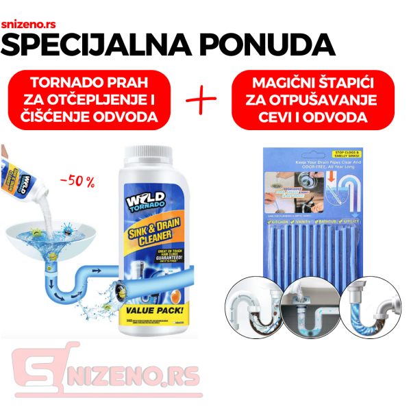 Tornado Prah za Otčepljenje i Čišćenje Odvoda + Magični štapići za otpušavanje cevi i odvoda (12 komada) – VIKEND AKCIJA