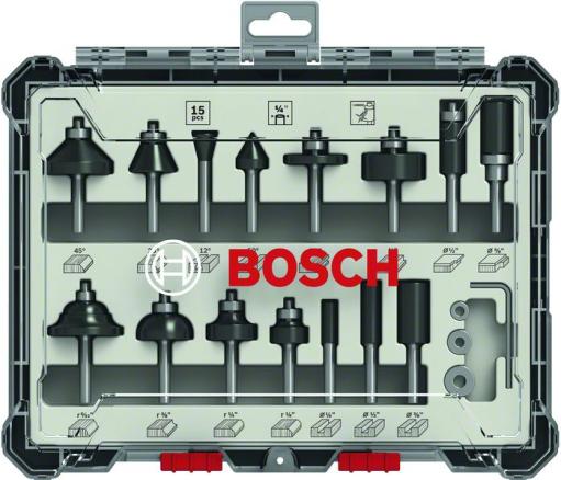 Komplet raznih glodala, 15 komada, držač od 1/4" mm Bosch 2607017473, 15-piece Mixed Application Router Bit Set.