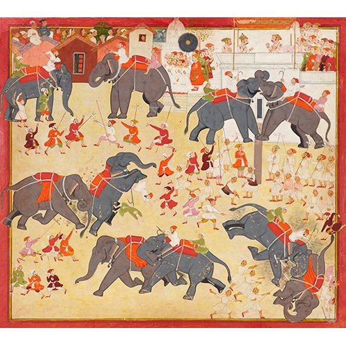 Maharana Raj Singh observing an elephant fight
