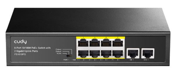 Cudy FS1010PG 8-Port 10/100M PoE+ Switch, 2 Uplink 10/100/1000M, 120W, 250m, 4KV protection, steel