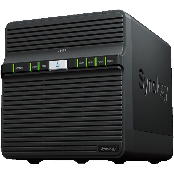 Synology DiskStation DS423, Tower, 4-Bays 3.5 SATA HDDSSD, CPU 4-core 1.7 GHz, 2 GB DDR4 non-ECC, 2 x 1GbE RJ-45, 2 X USB 3.2, 2.21 kg, 2y