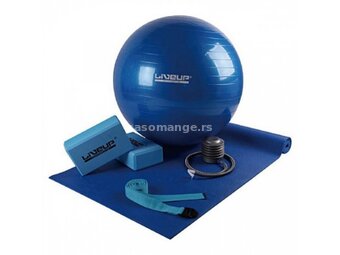 LiveUp LS3243 Joga set plavi prostirka + 2 joga bloka + lopta + kaiš + pumpa