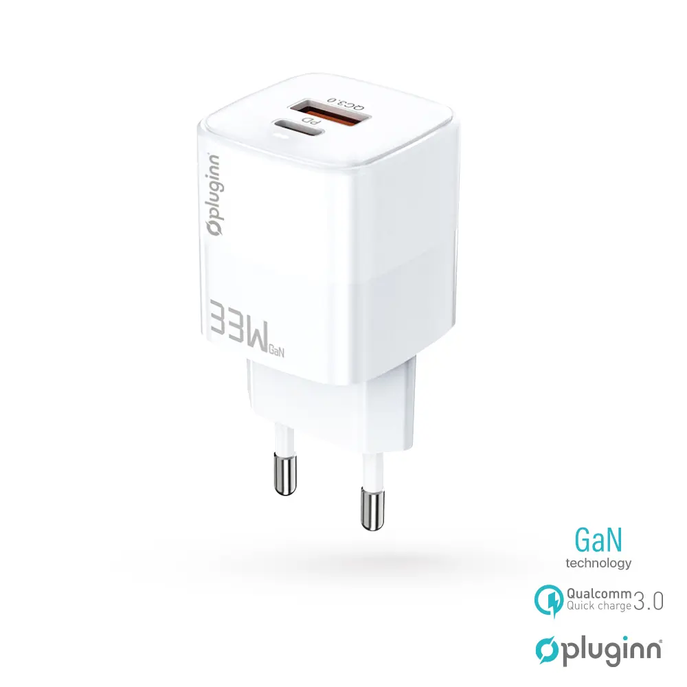 Kućni punjač Pluginn PI-D73-33w, GaN, QC3.0 PD3.0, PPS, USB-PD 20W+33W, 53W (total) beli