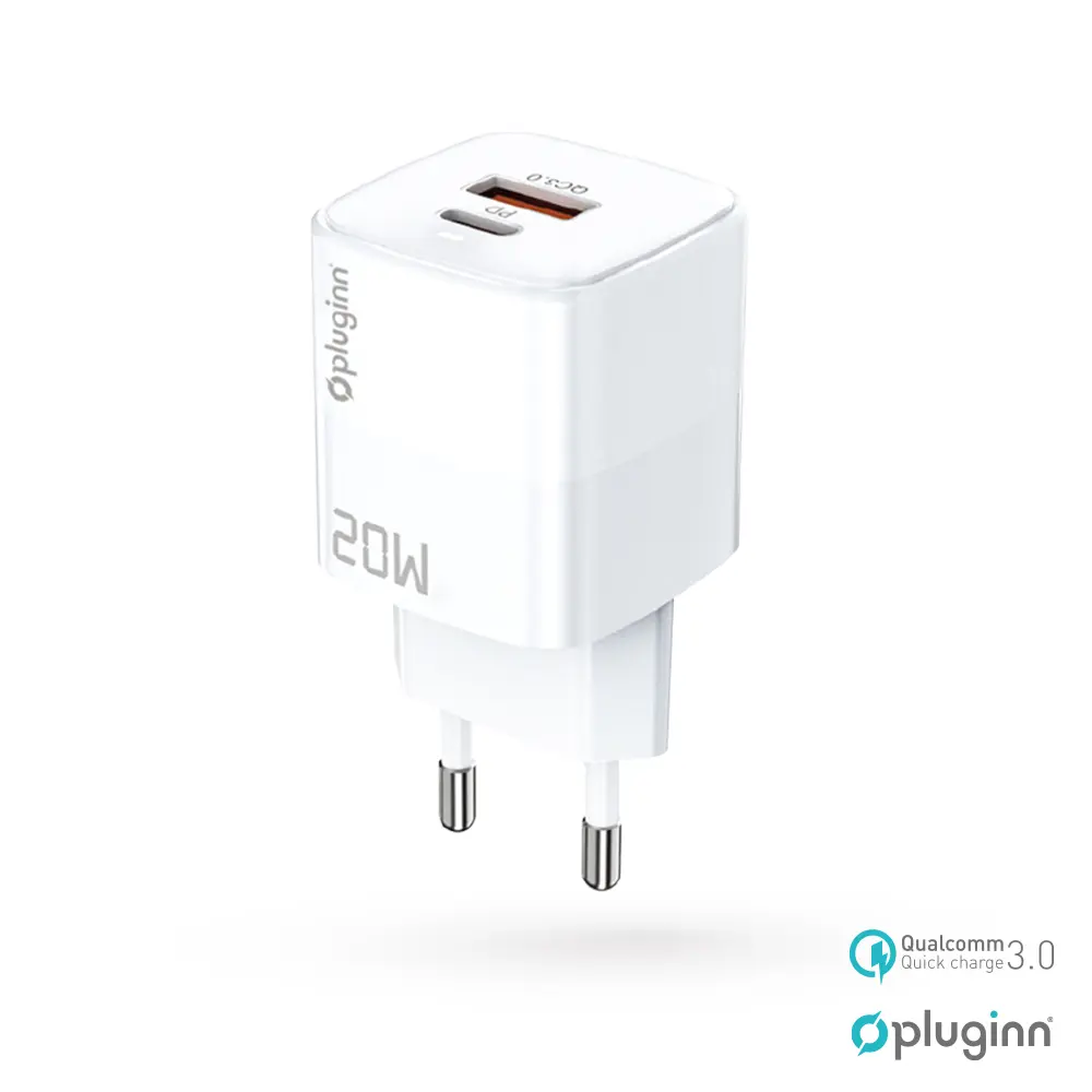 Kućni punjač Pluginn PI-D73, QC3.0 PD3.0, PPS, USB-PD 18W+20W, 38W (total) beli