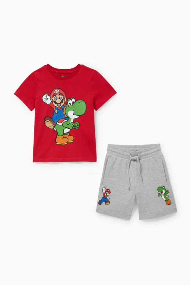 C&A Komplet za dečake majica i šorc Super Mario, Crveno-sivi
