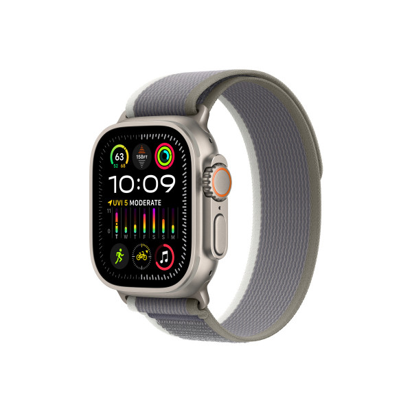 Apple Watch Ultra2 Cellular, 49mm Titanium Case with Green/Grey Trail Loop - M/L