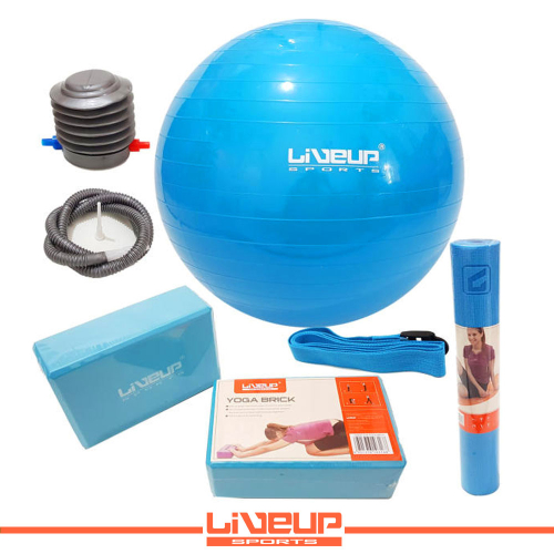 LiveUp Joga set plavi (prostirka + 2 joga bloka + lopta + kaiš + pumpa) - LS3243