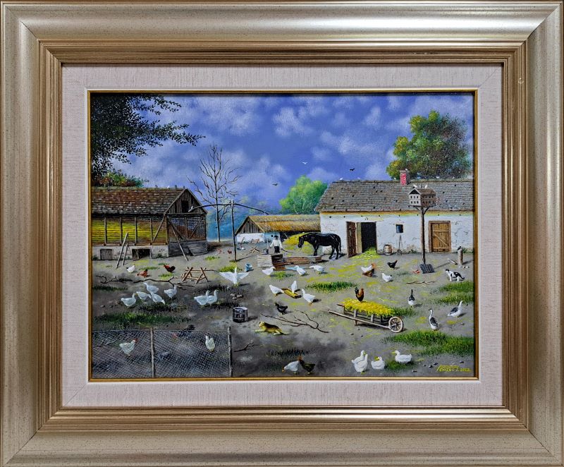 Seosko domaćinstvo, Ištvan Penzeš, ulje na lesonitu, sa 49×59 cm, bez 30×40 cm, sertifikat, 500 evra