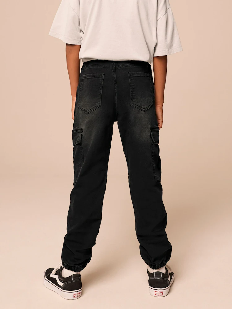 Black Cargo Jeans With Elasticated Waist (3-16yrs)