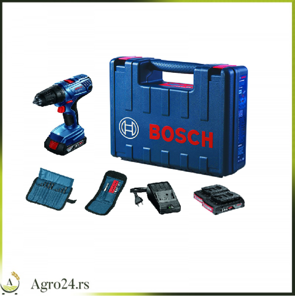 BOSCH®Akum. buš/odvr GSR 180-LI + 2 x akumulatora GBA 18V 2.0Ah + 23-delni set bitova za bušenje i uvrtanje sa držačem + Punjač GAL 18V-20 Professional