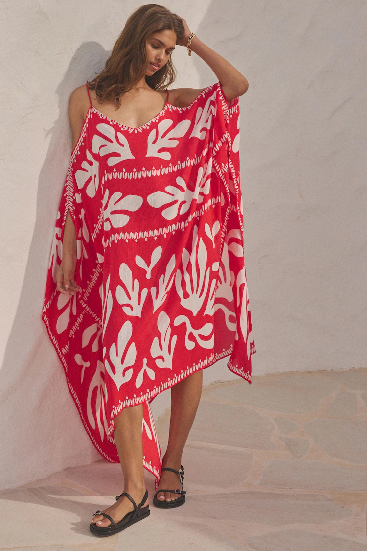 Red/Ecru Print Cold Shoulder Cover-Up