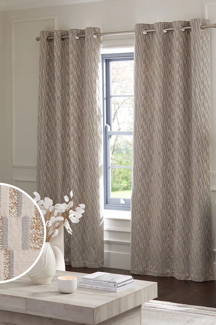 Mink Natural Collection Luxe Textured Blocks Eyelet Lined Curtains