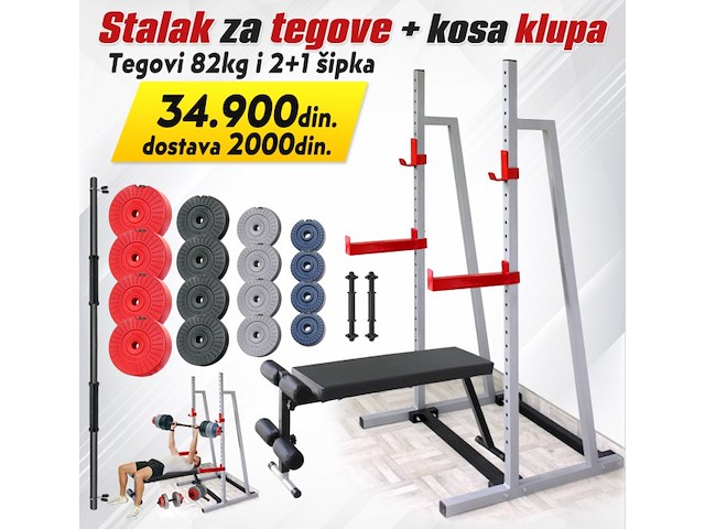 Stalak za tegove + Kosa klupa + tegovi 82kg i 2+1 šipka