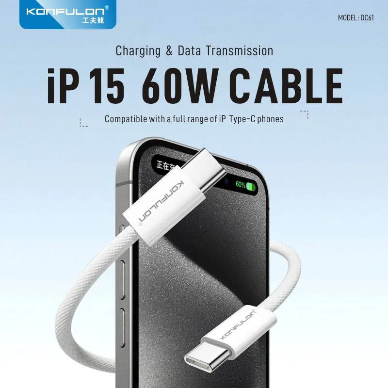 Data kabl KONFULON DC61 PD 60W Super Fast Charge za iPhone 15 Type C na Type C beli 1m