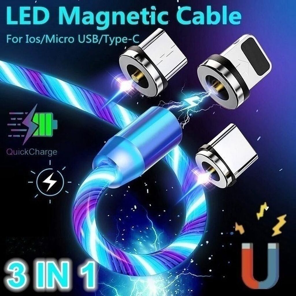 Novi LED svjetleći magnetni kabel punjača 3u1. Vrsta kabela: Magnetni