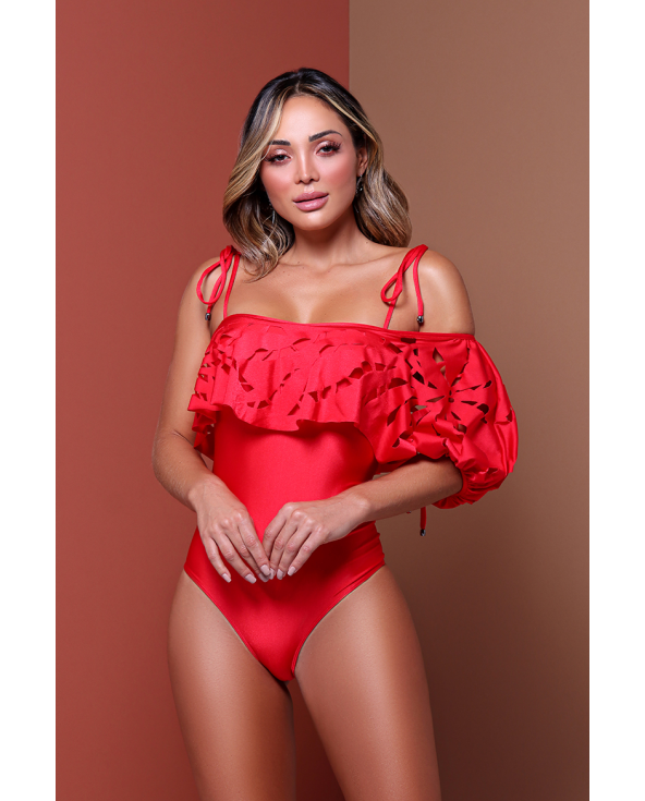 Laser Cut Sleeve One Piece Red