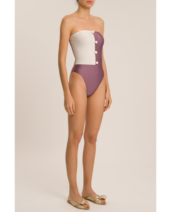 Bicolor Strapless Swimsuit With Buttons