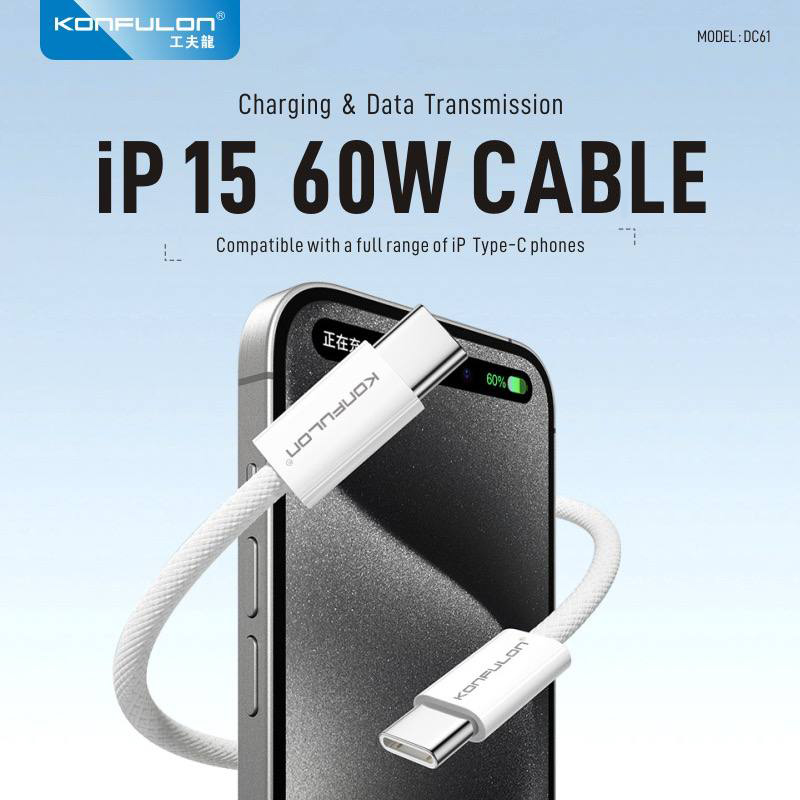 Data kabl KONFULON DC61 PD 60W Super Fast Charge za iPhone 15 Type C na Type C beli 1m