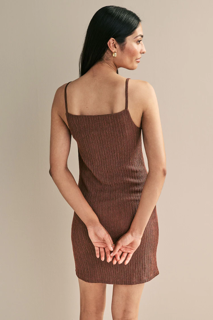 Rust Brown Square Neck Textured Mini Dress