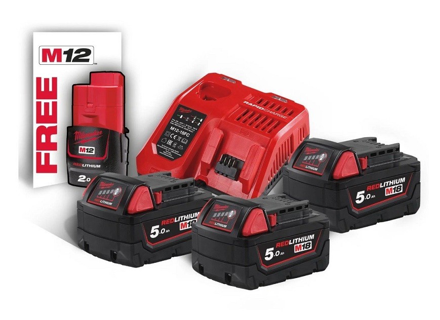 Set M18NRG-503 Milwaukee M12-18 FC punjač + 3 baterije 18V 5.0Ah + 1 baterija 12V 2.0Ah