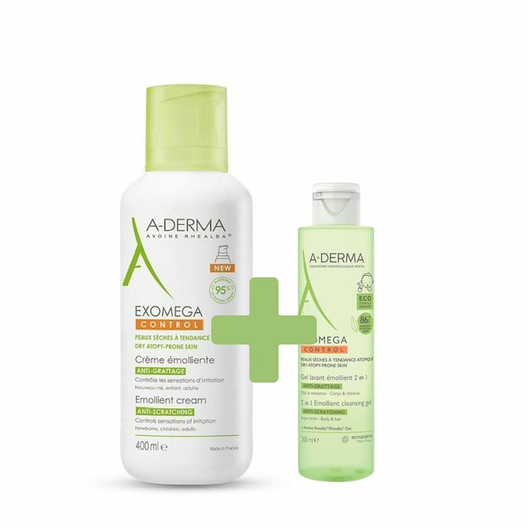 A-Derma Exomega Control emolijentna krema 400ml + A-Derma Exomega Control emolijentni gel 2u1 200ml