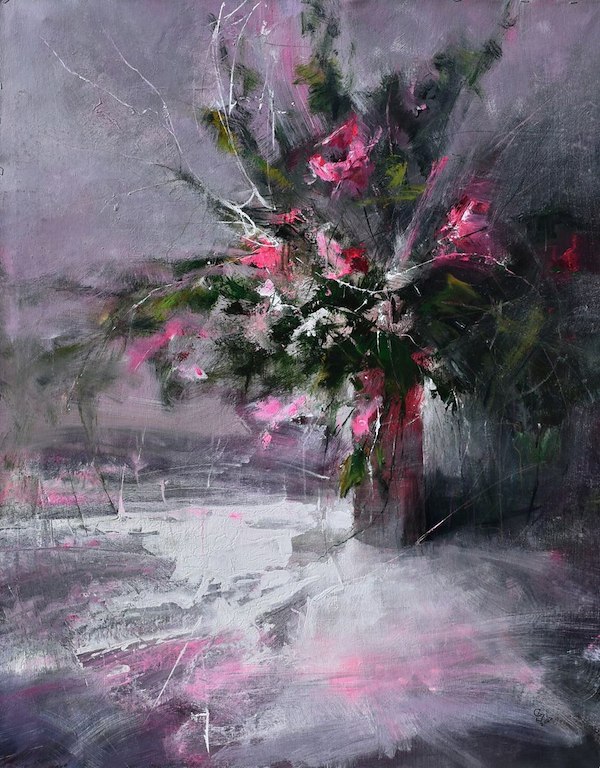 `Vase of pink flowers`