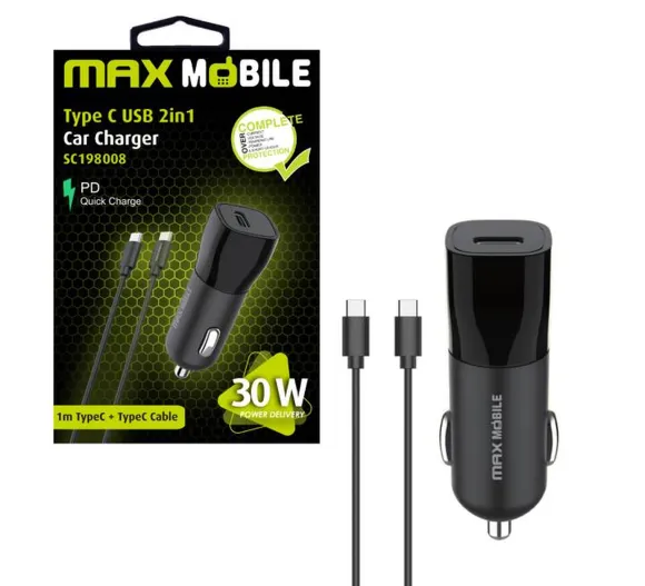 Max Mobile Auto punjač 30W 2u1 Type C SC-198008-Crni