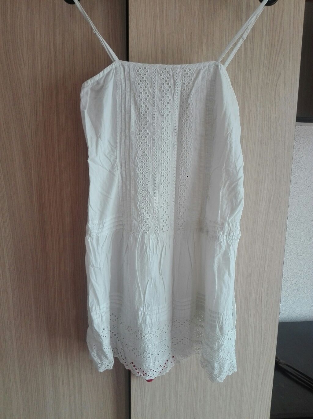 Letnja bela haljina, pamucna sa radom