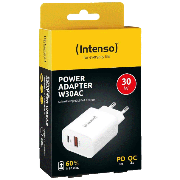 INTENSO Punjač kućni brzi W30AC, 1 x USB-A, 1 x UCB-C, 3A