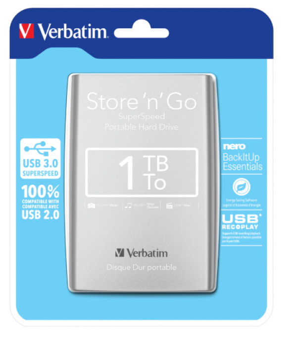 HDD E2.5'' Verbatim 1TB USB 3.0 StorenGo 53071, Silver