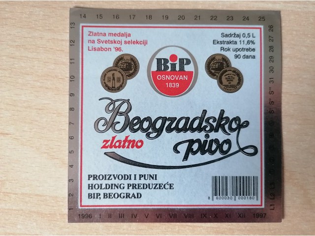 Etiketa BIP beogradsko zlatno pivo 0,5l 1996-97