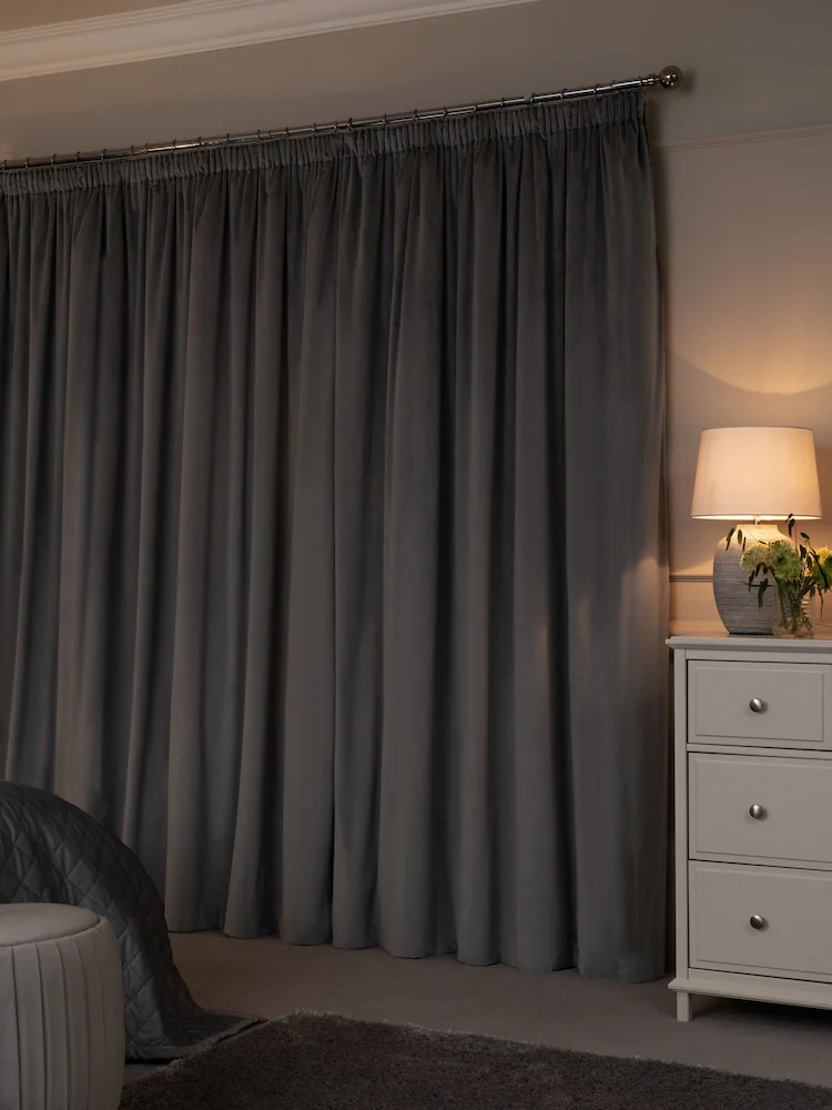 Grey Charcoal Matte Velvet Pencil Pleat Super Thermal Curtains