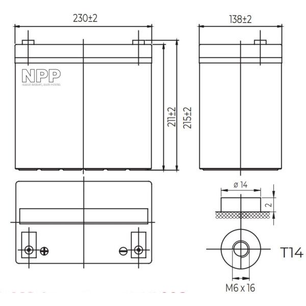 NPP NPG12V-55Ah, GEL BATTERY, C20=55AH, T14, 230*138*208*212, 15KG, Light grey