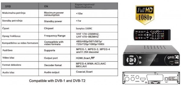 GMB-T2-404 * DVB-T2 SET TOP BOX USB/HDMI/Scart/RF-out, PVR, Full HD, H264,hdmi-kabl,RF modulator1319