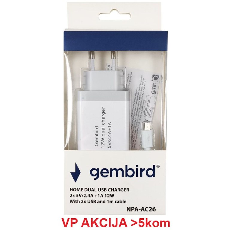 NPA-AC26 ** Gembird punjac za telefone i tablete 2x5v/2.4A+1A 12W +micro USB DATA kabl 1M (263)