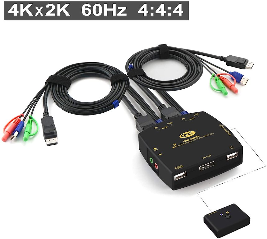 KVM DP (DisplayPort) USB svič CKL-321DP 2-port do 4K@60Hz UHD 4096x2160p sa DP kablovima, podržava Audio, HDCP 2.2, HDR10, kabl 1.8m i daljinski za kontrolu 2 DP računara sa 1 USB tastature / miša...