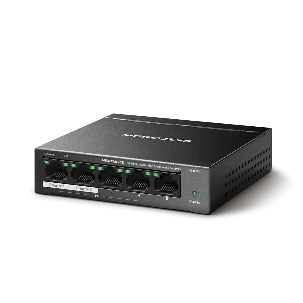 Mercusys MS105GP 5-portni gigabit desktop svič sa 4 PoE+ porta do ukupno 65W (do 30W po portu), domet do 250m (Extend Mode), metalno kućište