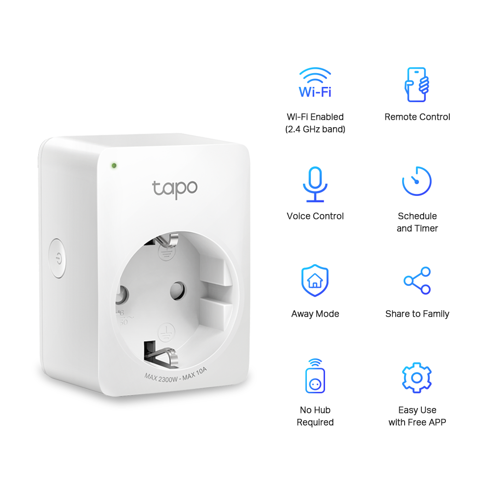 TP-Link Tapo P100 Smart 230V strujna šuko utičnica do 10A – 2.3KW, WiFi 802.11b/g/n, udaljeni pristup, on/off po zadatom rasporedu ili u slučajno vreme, Bluetooth onboarding Technology, Tapo app