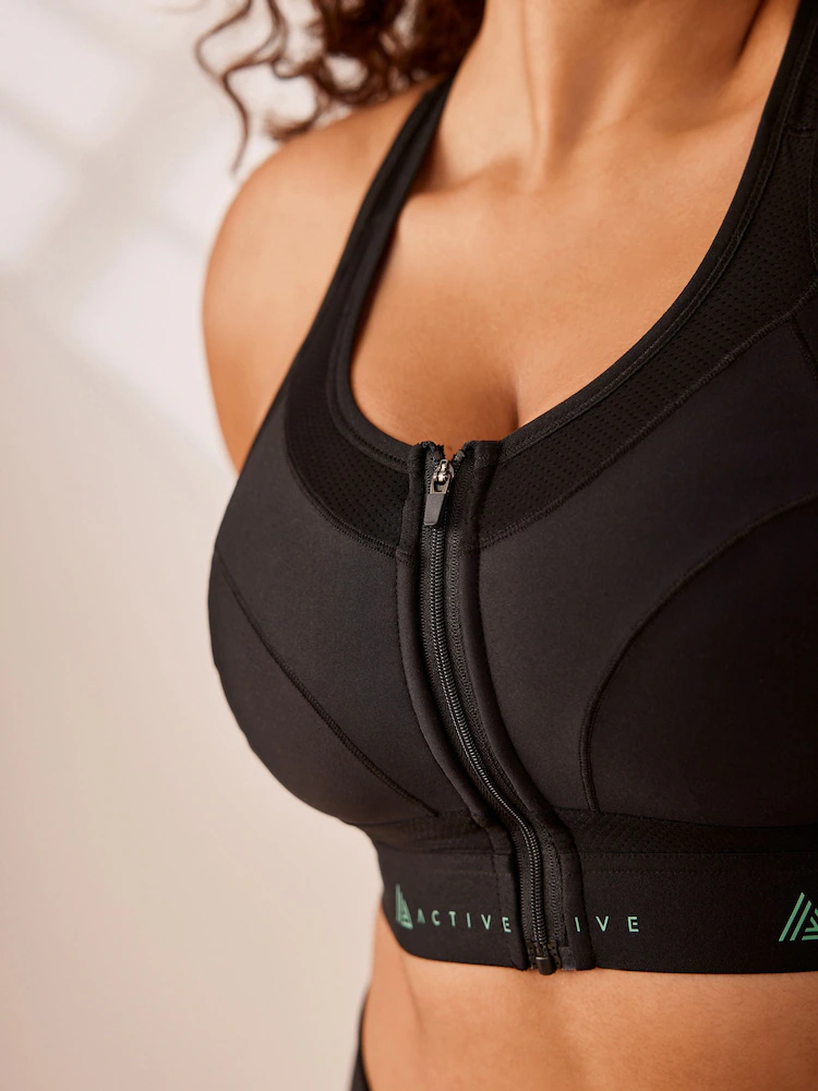 Black Active Sports DD+ Zip Front High Impact Bra