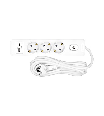 Produžni kabl 3-jezgra 1,5m kabl ,prekidač, USB A+C, belo
sigurnosni zatvarač, prekidač za uključivanje/isključivanje, USB punjač (2.4A) + USB C, bela