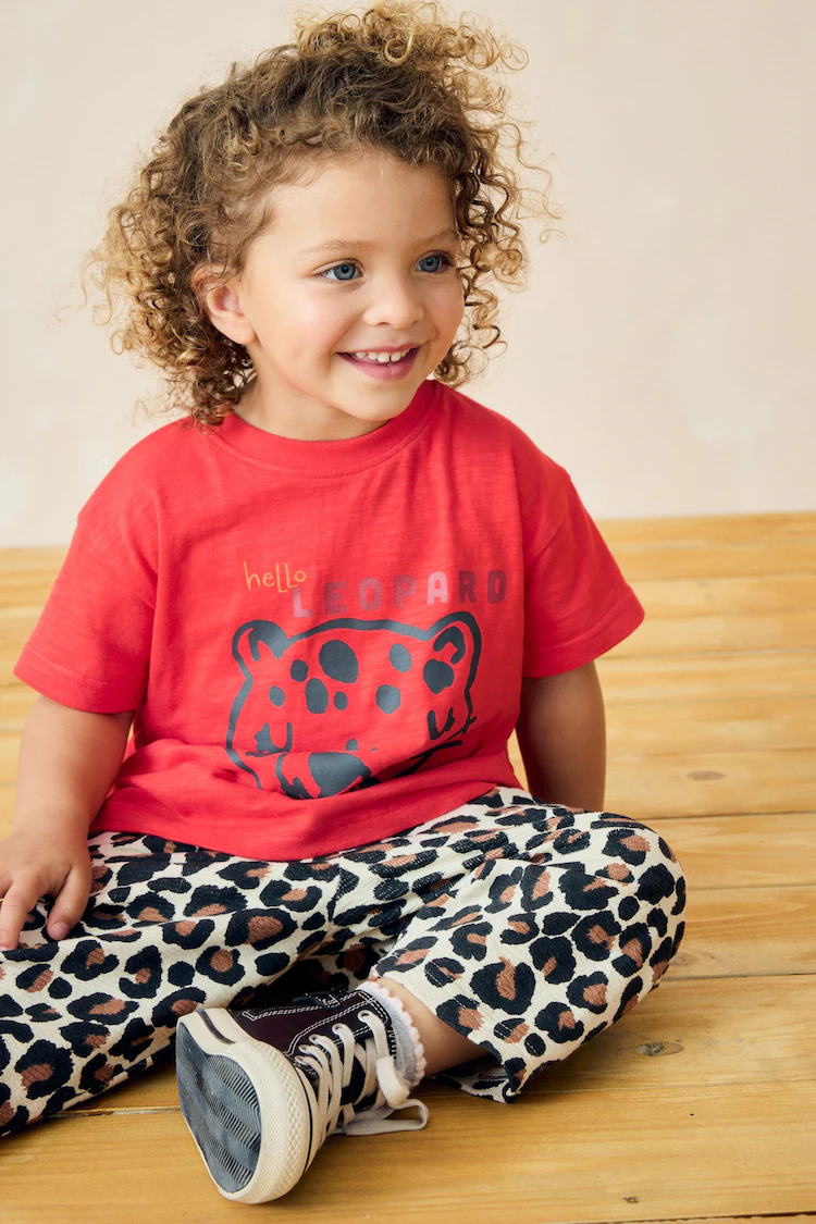 Red Leopard Print 100% Cotton Short Sleeve T-Shirt And Wide Leg Trousers (3mths-7yrs)