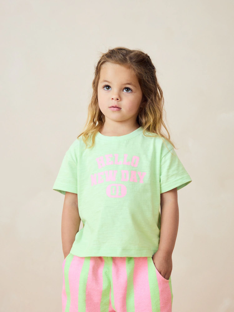 Pink/Green Slogan 100% Cotton Short Sleeve T-Shirt And Wide Leg Trousers (3mths-7yrs)