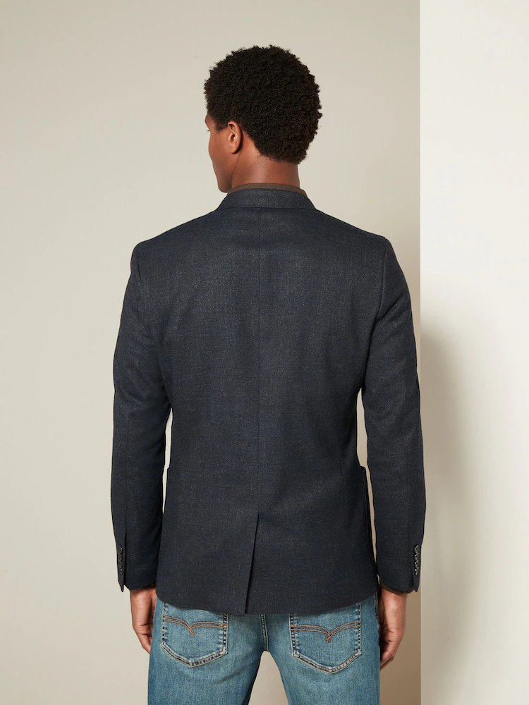 Navy Blue Regular Fit Textured Smart Blazer