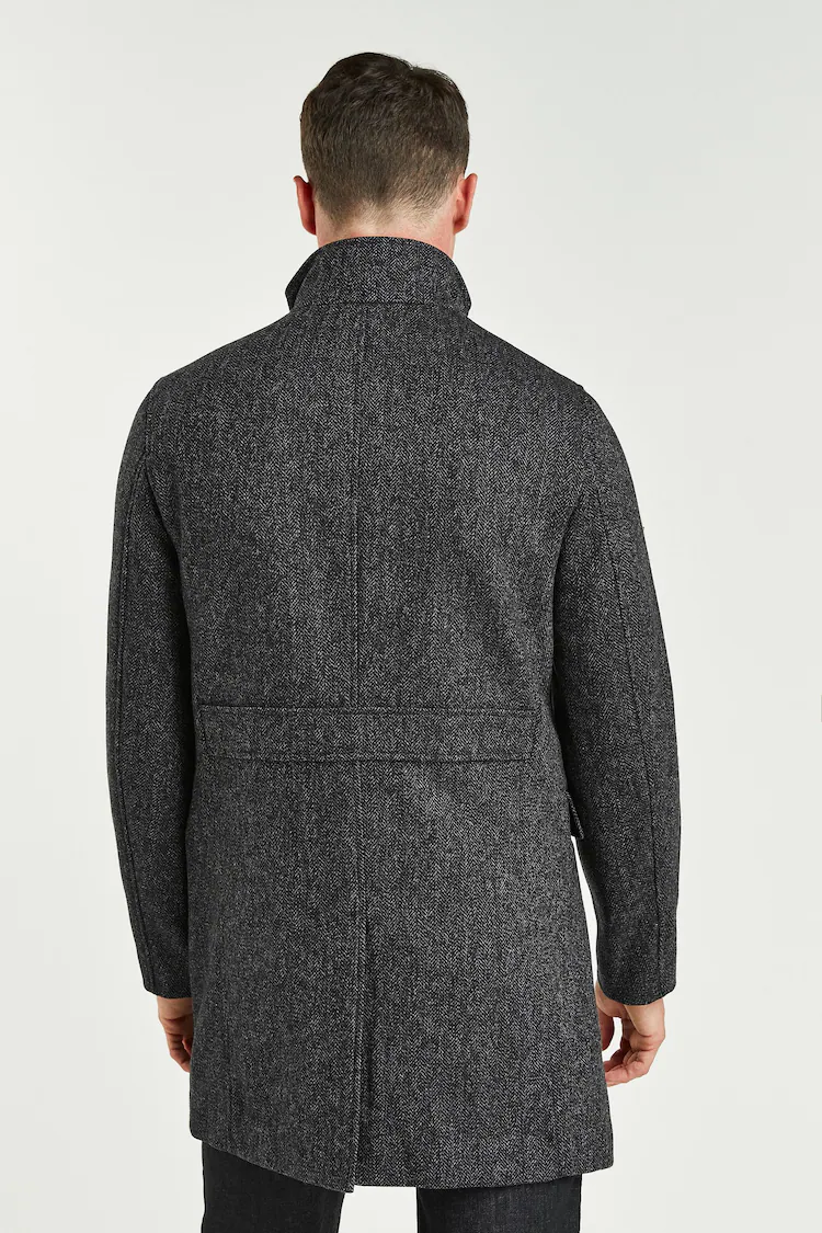 Charcoal Grey Wool Blend Mock Gilet Herringbone Padded Coat