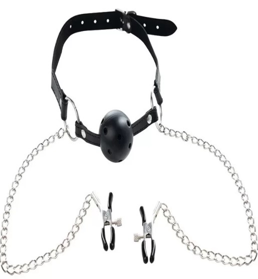 Nipple clamps and ball gag