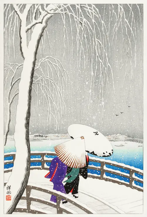 Two Women in the Snow on Yanagi Bridge (1927)