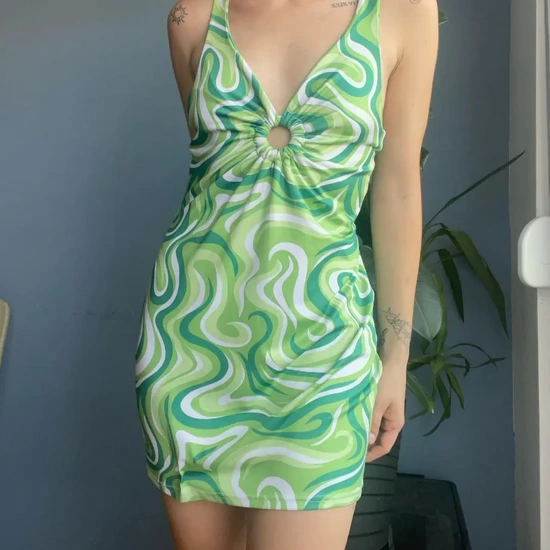 Retro Lime Swirly Halterneck Mini Haljina